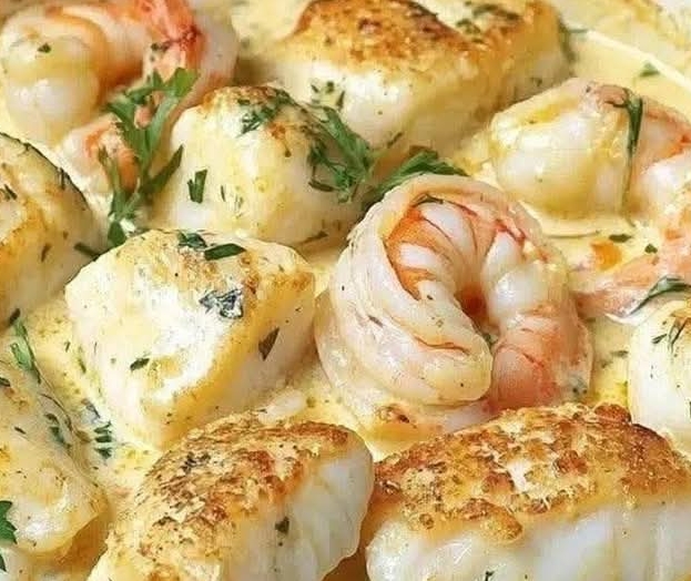 Shrimp and Cod in Creamy Garlic Sauce – T-hch